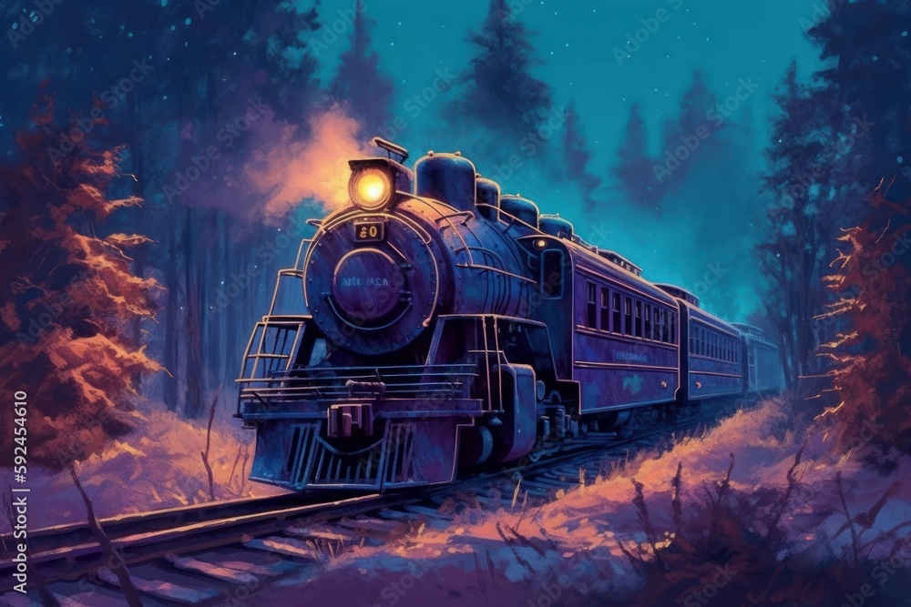 Train rides in a forest area, retro style. Vintage steam locomotive. AI ...