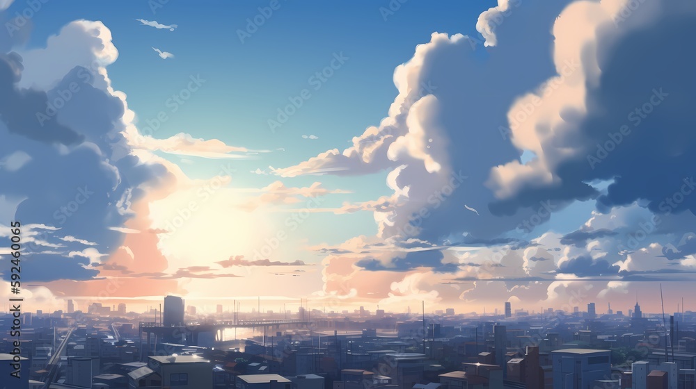 The horizon view of a Japanese city in anime is a beautiful ...