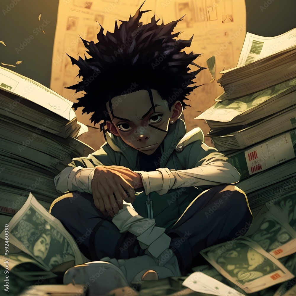 boondocks style cinematic album cover of masked riley freeman counting ...