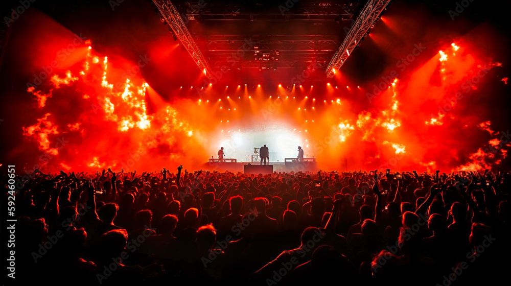 Silhouettes of Rock concert crowd in front of bright stage lights, Fire ...