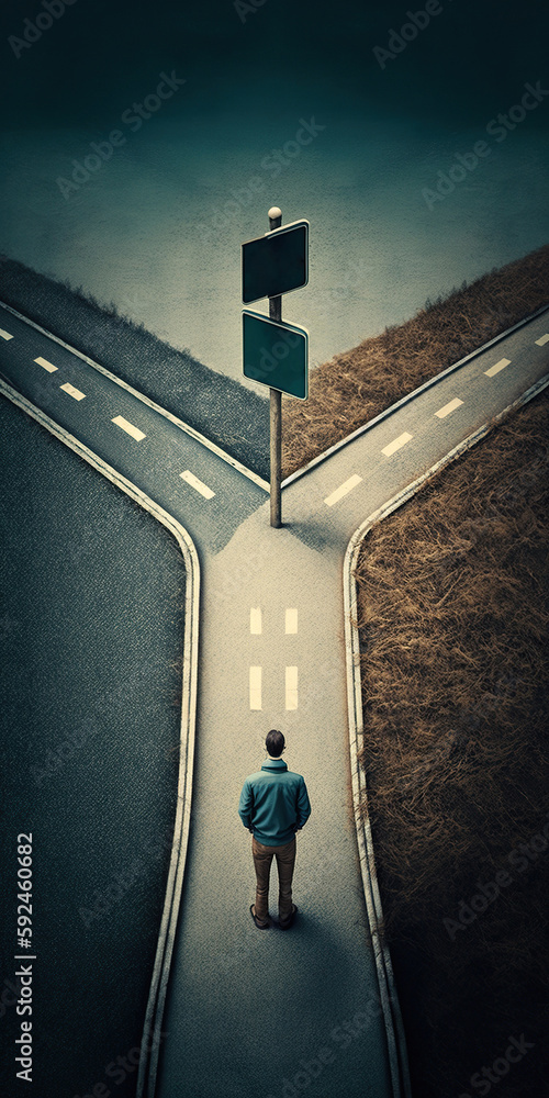 Man stands at a fork in the road making a decision about life way ...