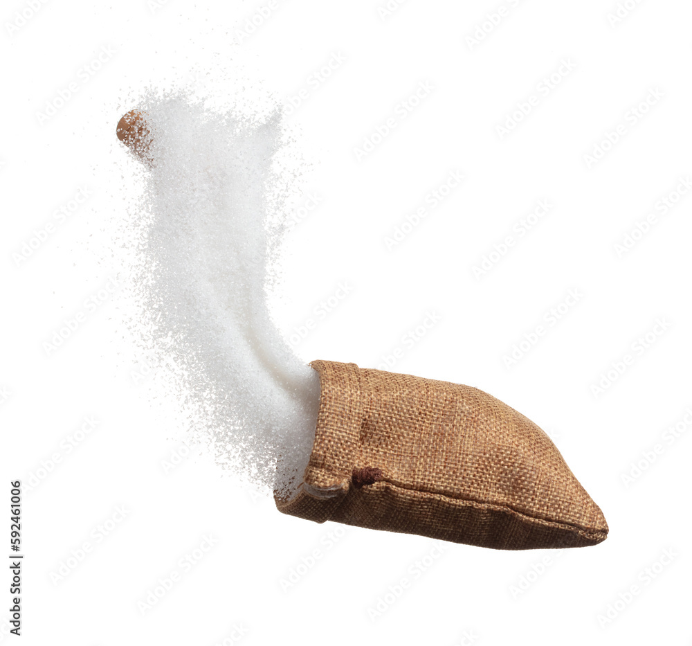 Pure refined Sugar in sack bag flying explosion, white crystal sugar ...