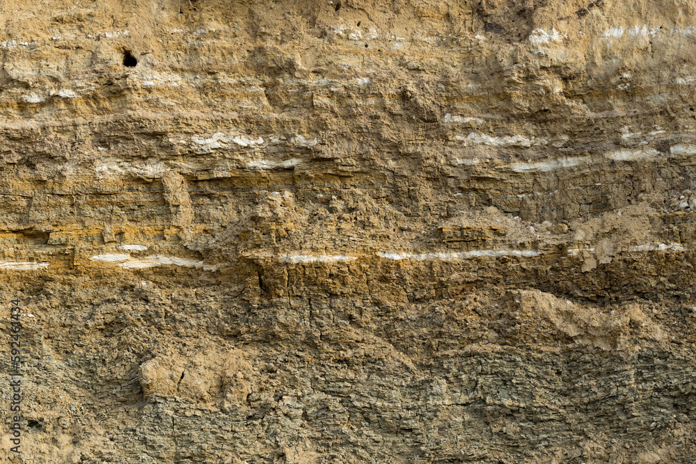 Sedimentary rocks with a high content of iron oxide. Red soil, loam ...