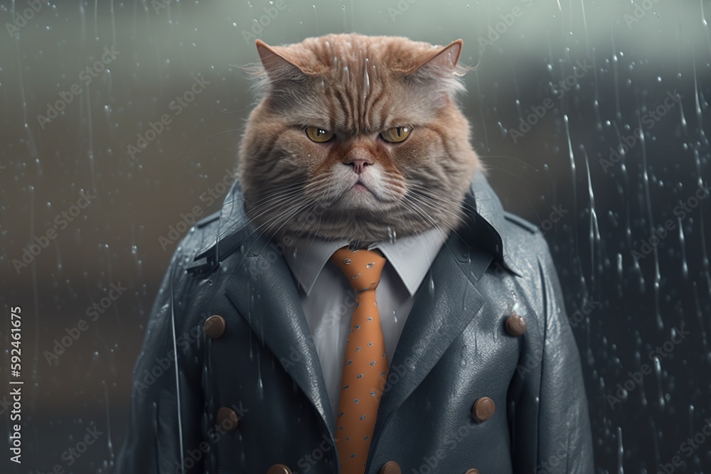 Wet cat in a business suit stay alone under the rain created with ...