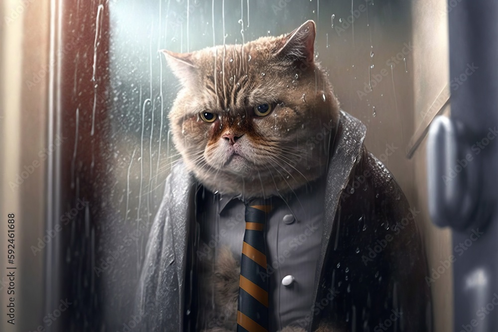 Wet cat in a business suit stay alone under the rain created with ...