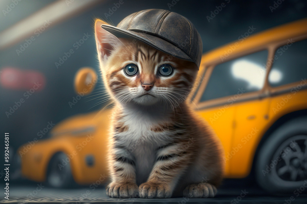 Cute cartoon kitten with cap curiously looking at viewer in the garage ...