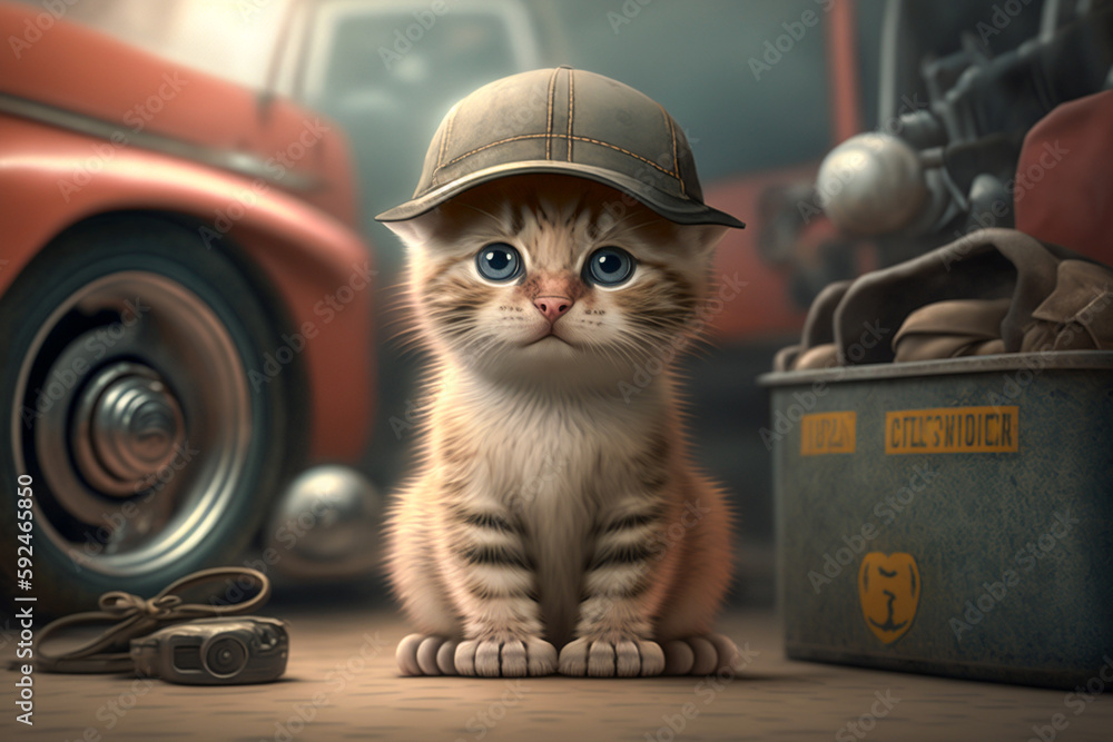 Cute cartoon kitten with cap curiously looking at viewer in the garage ...