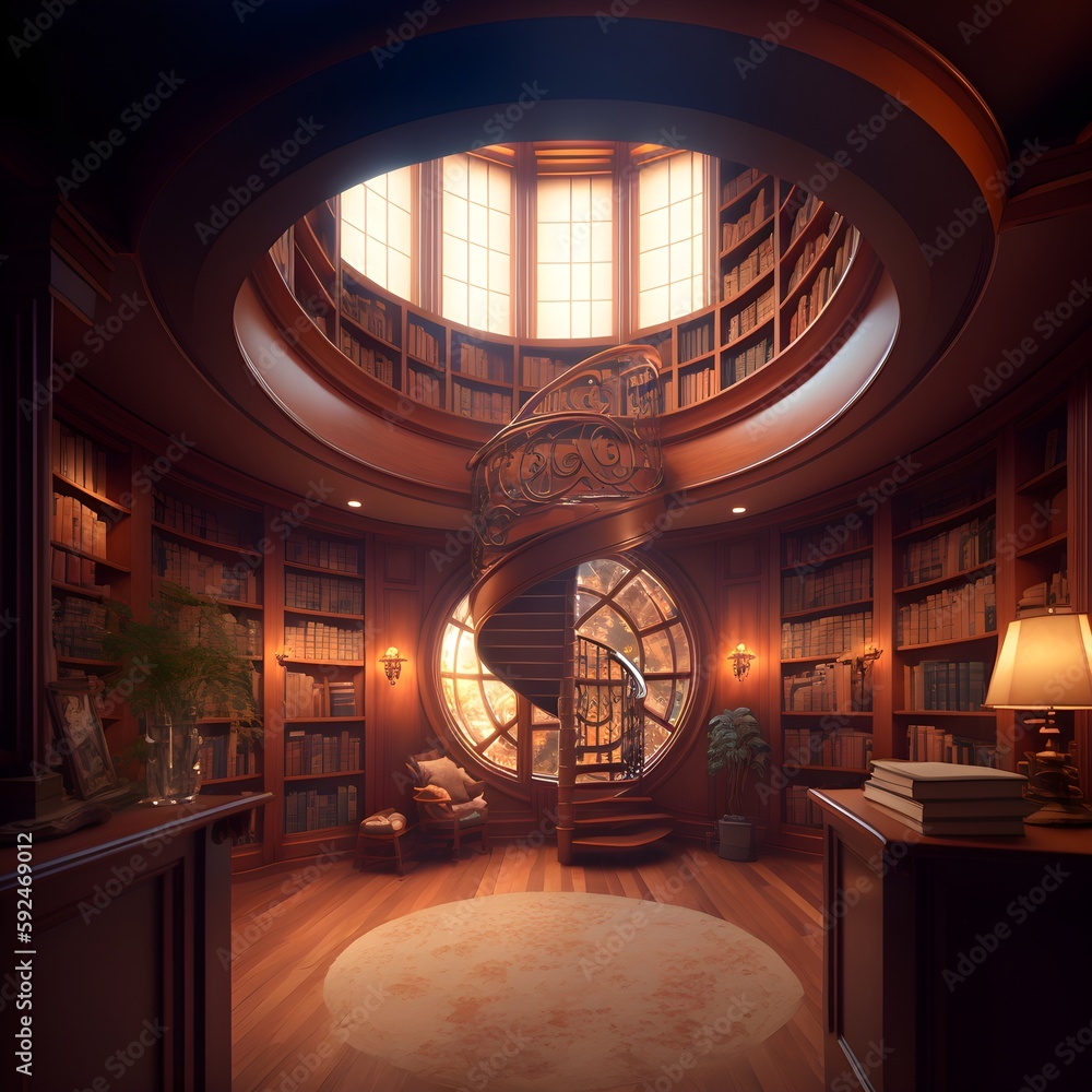 A 3d rendered design of a home library circular room walls full of ...