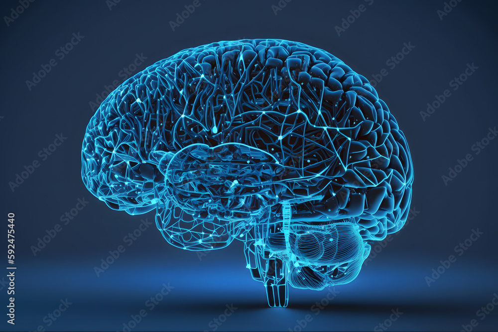 Human brain shape of an artificial intelligence with line dots on dark ...