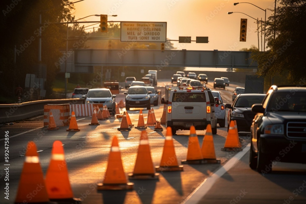 Lane closure on a busy road due to maintenance signs detour traffic ...