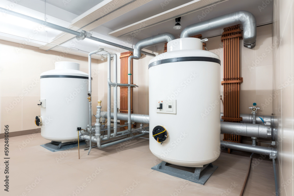 Apartment building boiler room interior with modern water and space ...