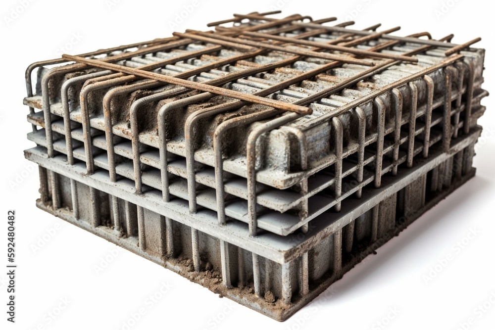Rebar steel in reinforced concrete block on white background ...