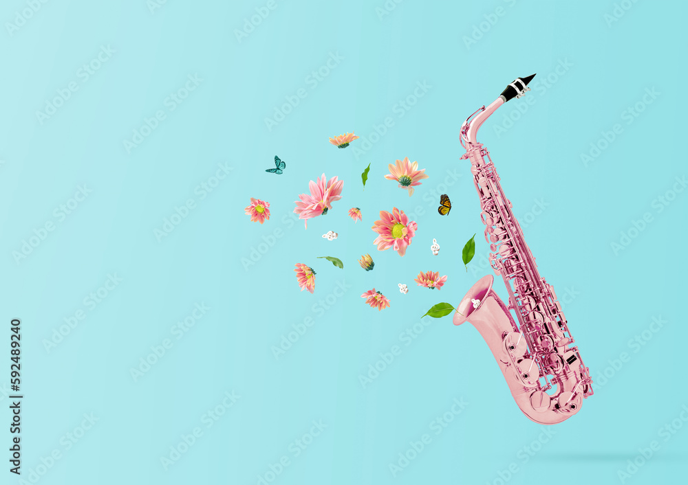 Composition made of pink saxophone retro style with colorful summer ...