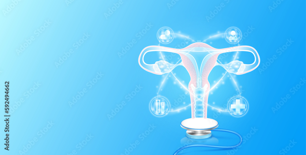 Medical health care. Female uterus anatomy float on stethoscope with ...