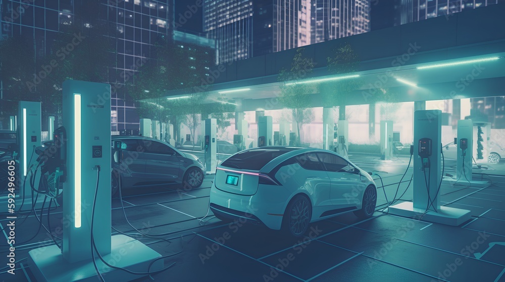 Electric vehicle charging station in a cityscape, featuring modern EVs ...