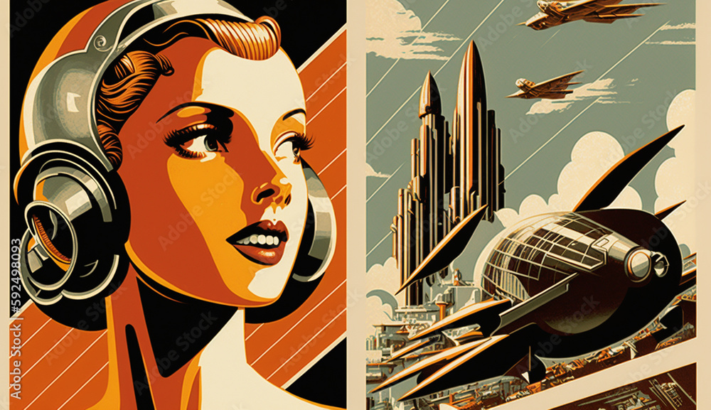 illustration of woman and transport with future technology in retro ...