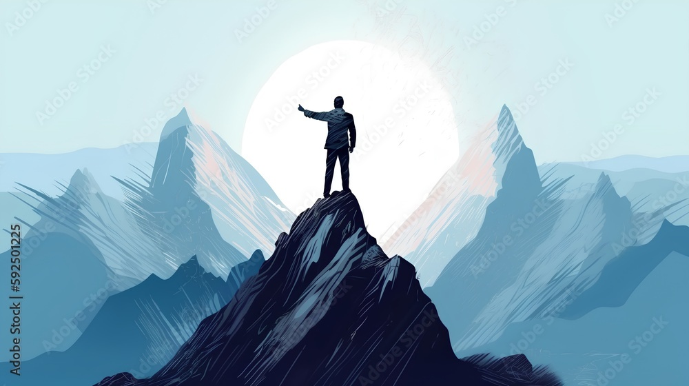 Businessman standing victoriously atop a mountain peak, embaodying ...