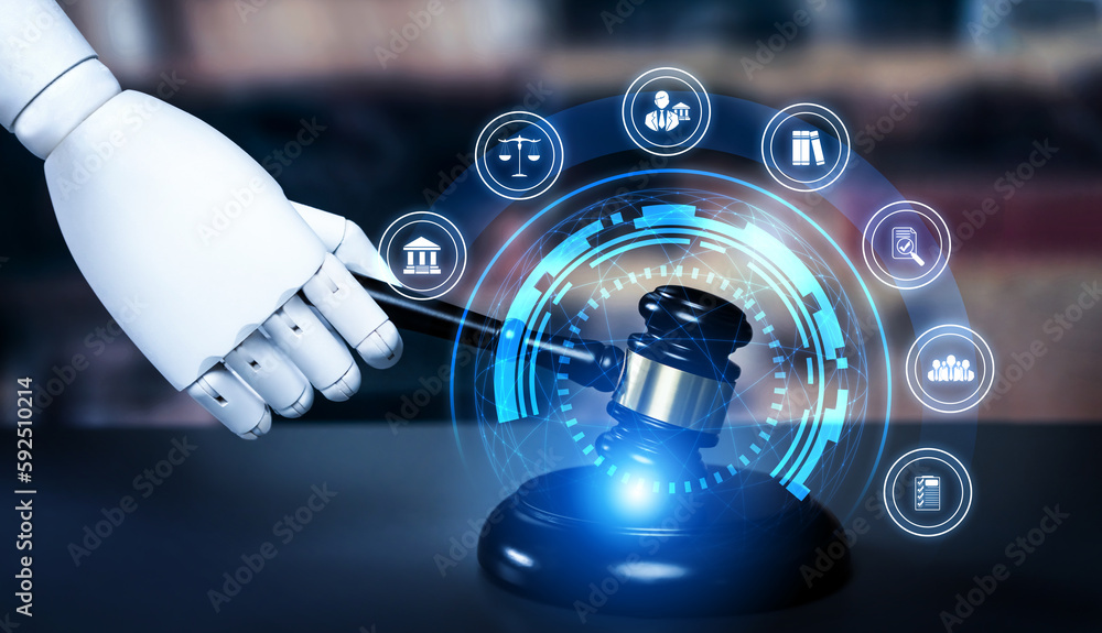 AI related law concept shown by robot hand using lawyer working tools ...