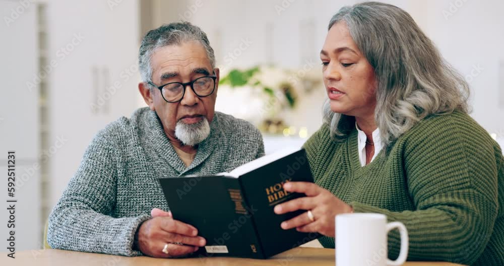 Senior couple reading bible, book and praying in home for spiritual ...