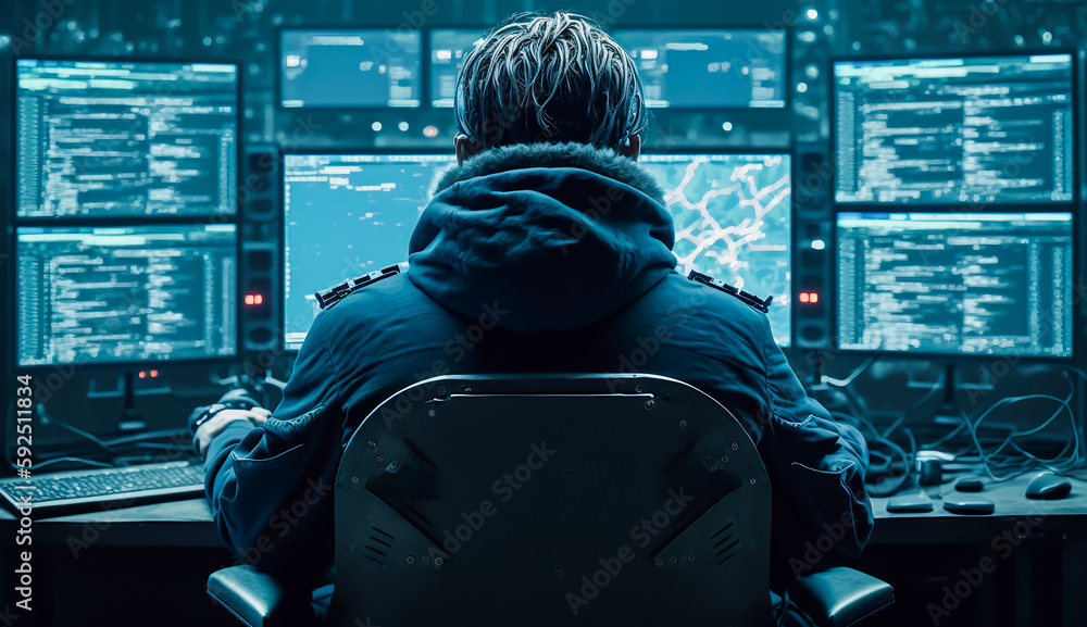 back view of hacker sitting on chair doing hack behind multiple big ... back view of hacker sitting on chair doing hack behind multiple big ...