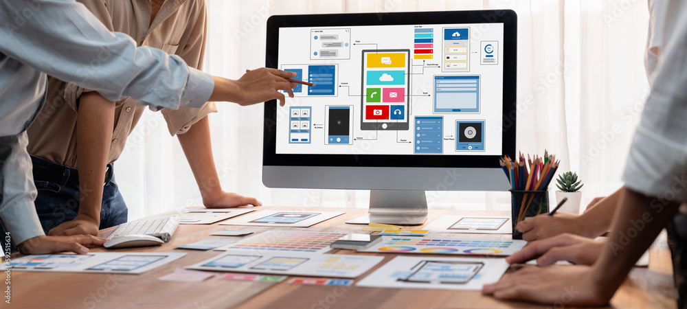 Panorama shot of front-end developer team brainstorming UI and UX ...