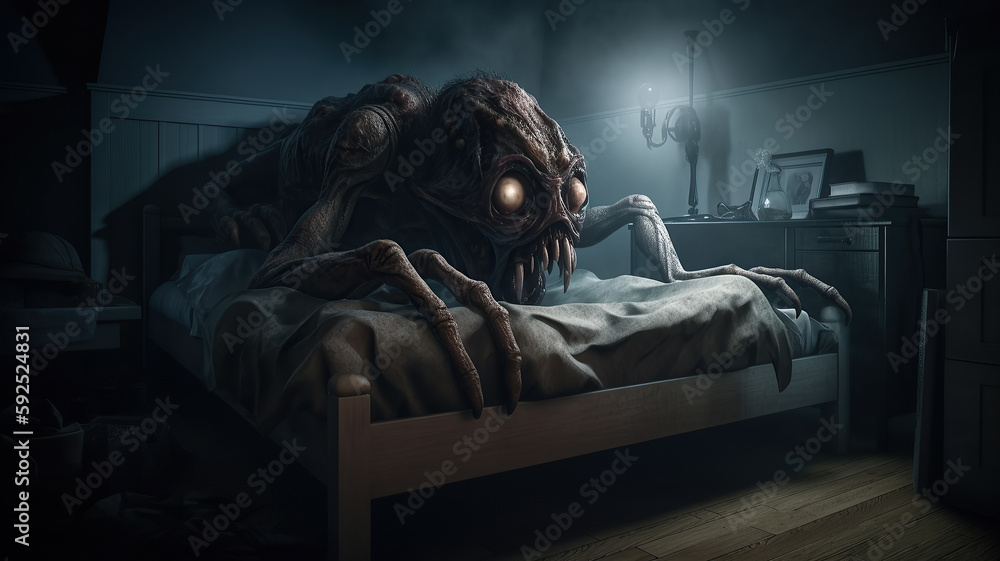 scary monster in bedroom on bed at night in children nightmare ...