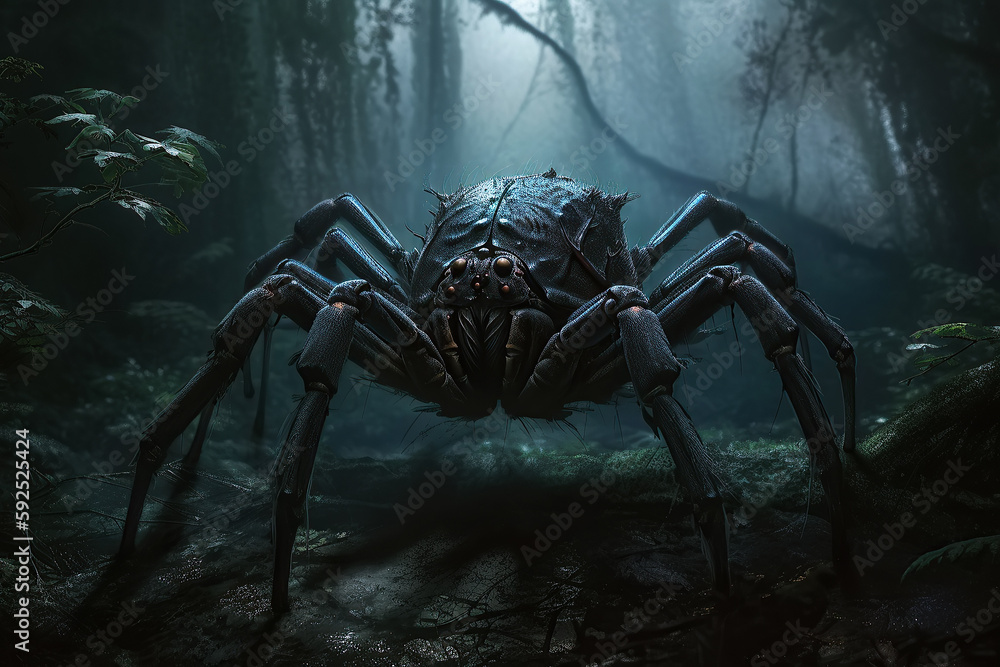 scary big spider monster in foggy forest at night. Phobia of spiders ...