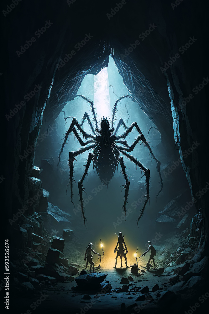 giant spider monster in cave at night. Spider phobia and nightmares ...