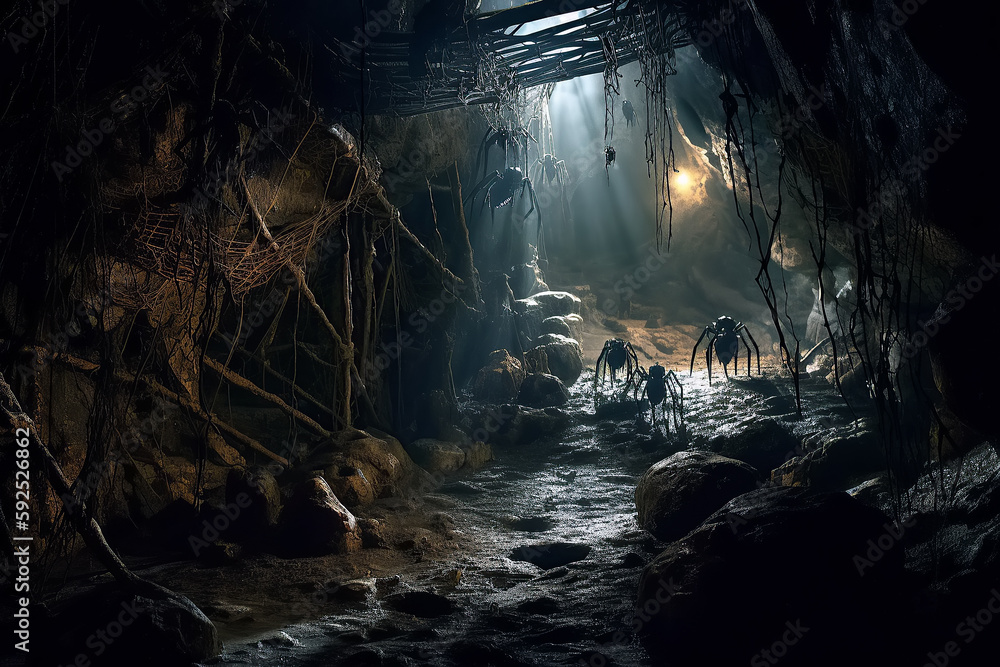 huge scary spiders in web in cave at night in dark. Arachnophobia ...