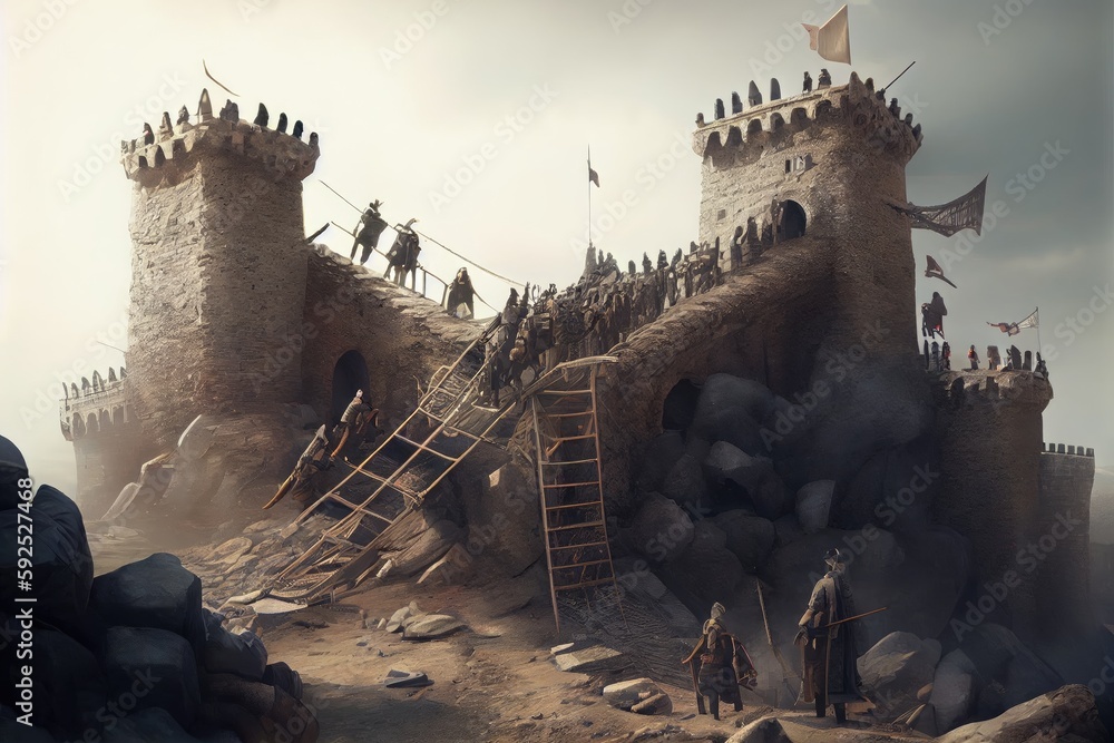 siege army preparing for the final assault on stone castle, with ...