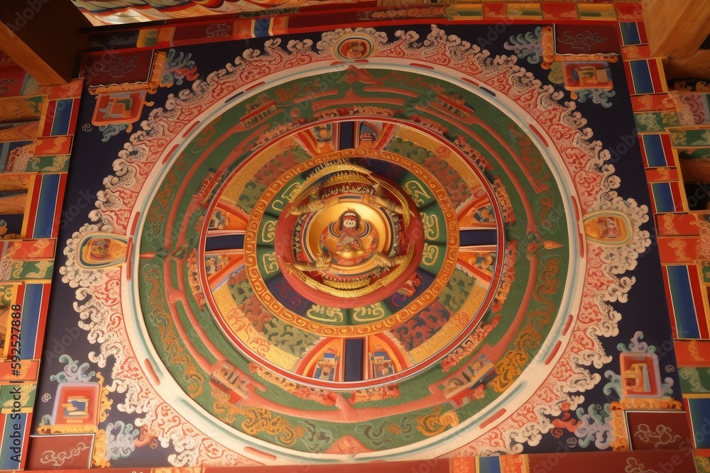 mandala hanging on a wall of monastery, symbolizing the divine and ...