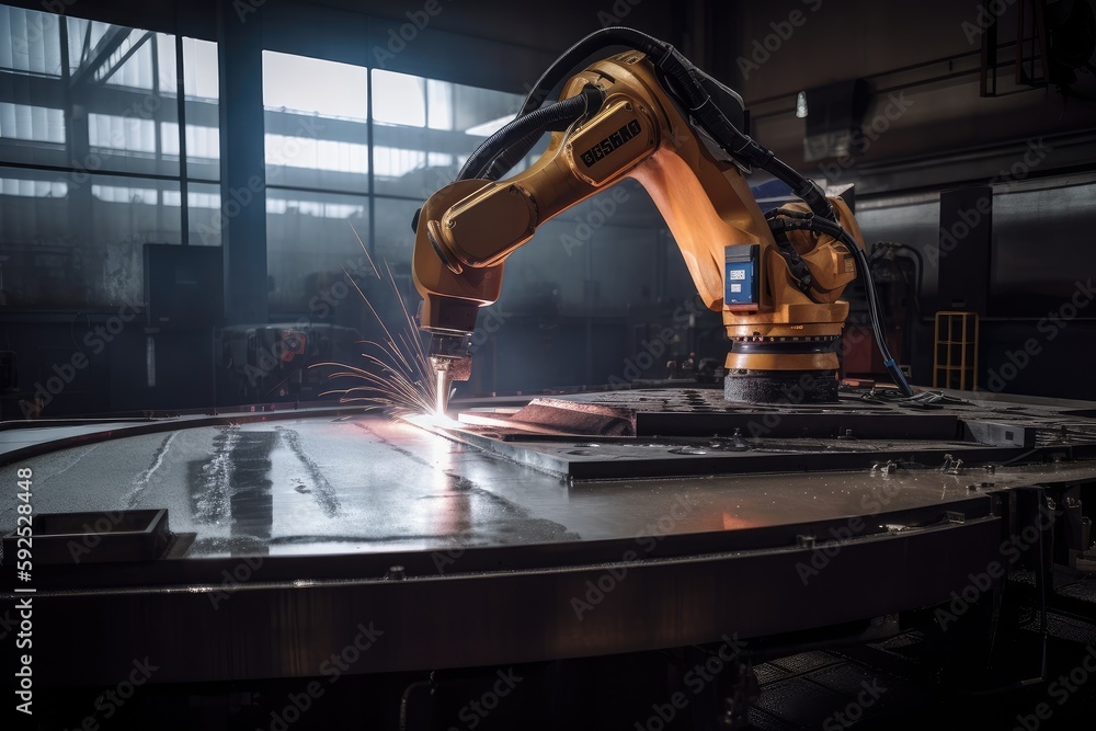 precision welding robot performing complex weld joint on turbine blade ...