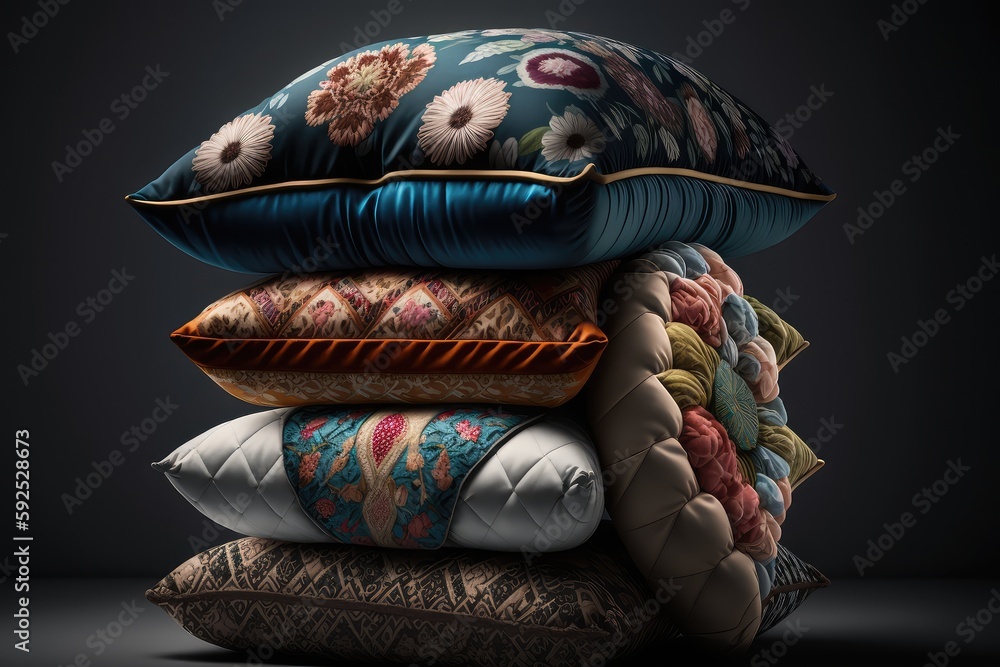 stack of pillows with various patterns, textures and colors, created ...