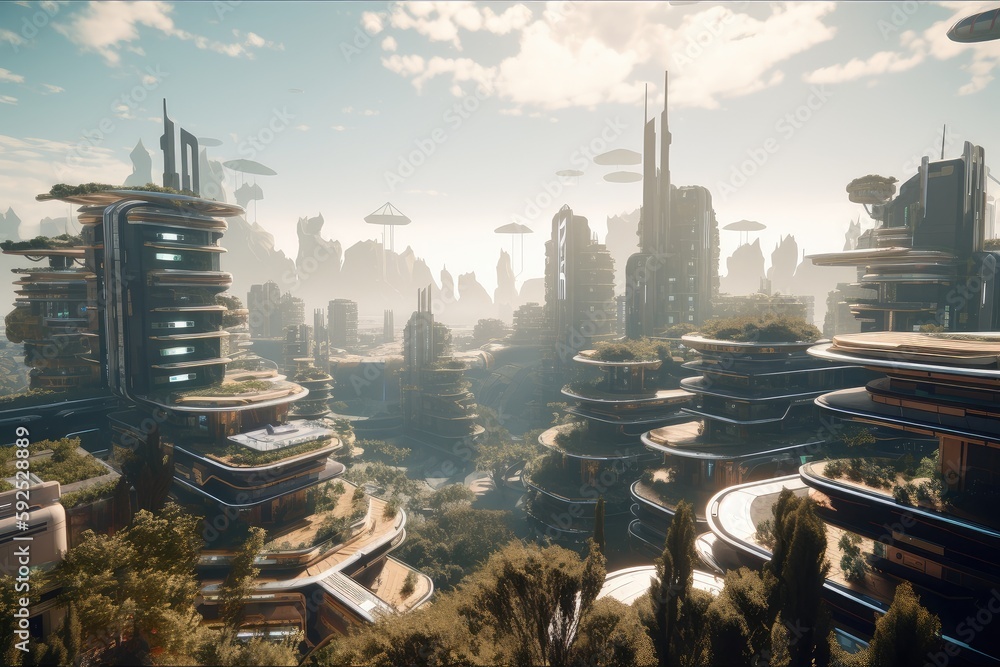 futuristic space colony, with towering buildings and sleek architecture ...