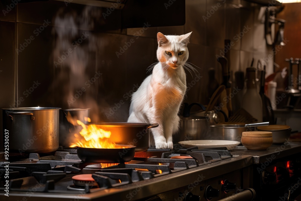 cat chef standing over hot stove, cooking up a storm in the kitchen ...