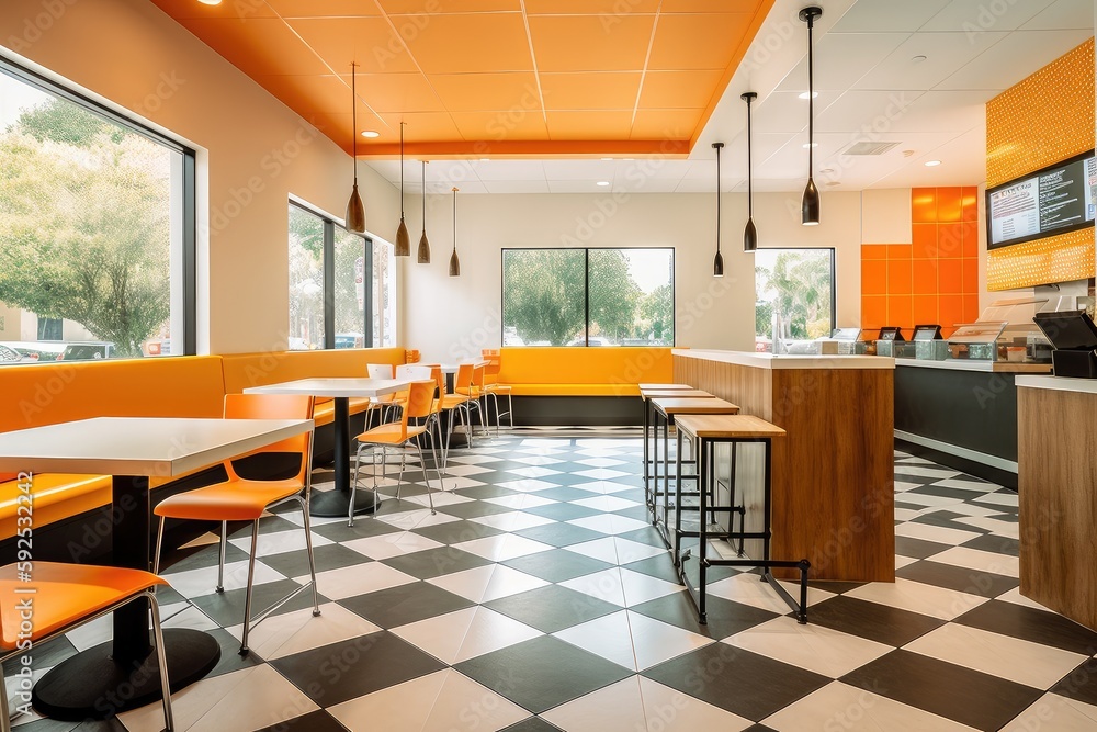 fast food restaurant with bright and cheery interior, featuring ...