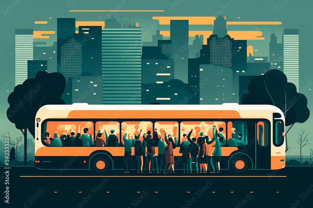 Public transport flat illustration with the crowd at rush hour. Passengers of trolleybus ...