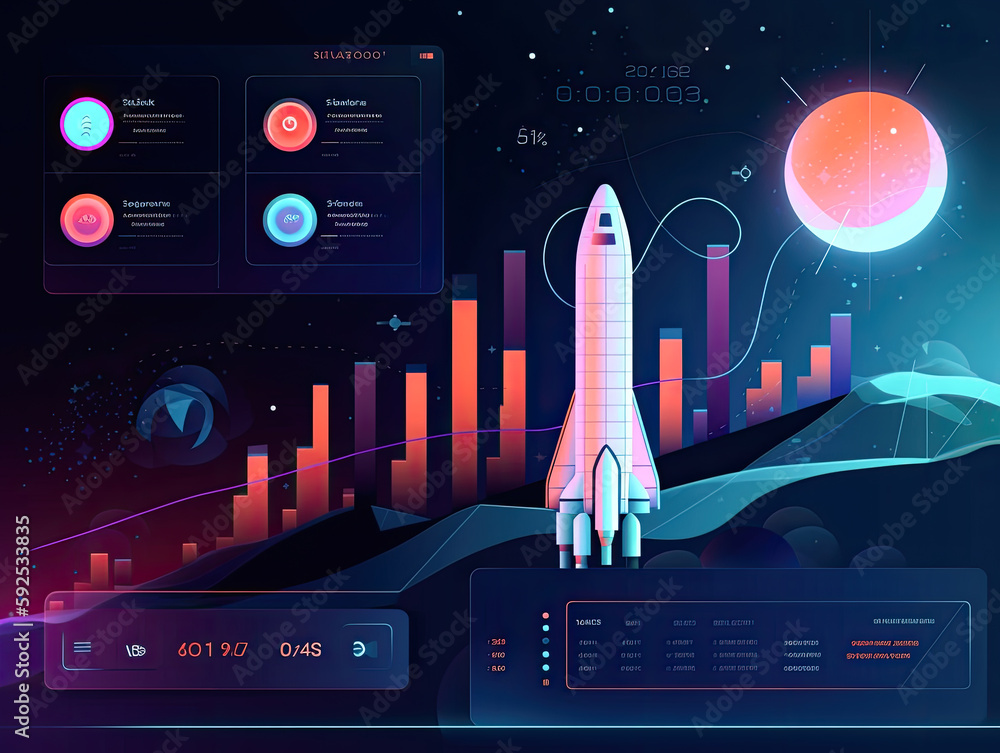 Space launch rockets, instrument panel, grafics, radars, space dish ...