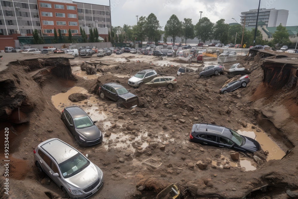 ground collapse in a parking lot, with cars visible below the surface ...