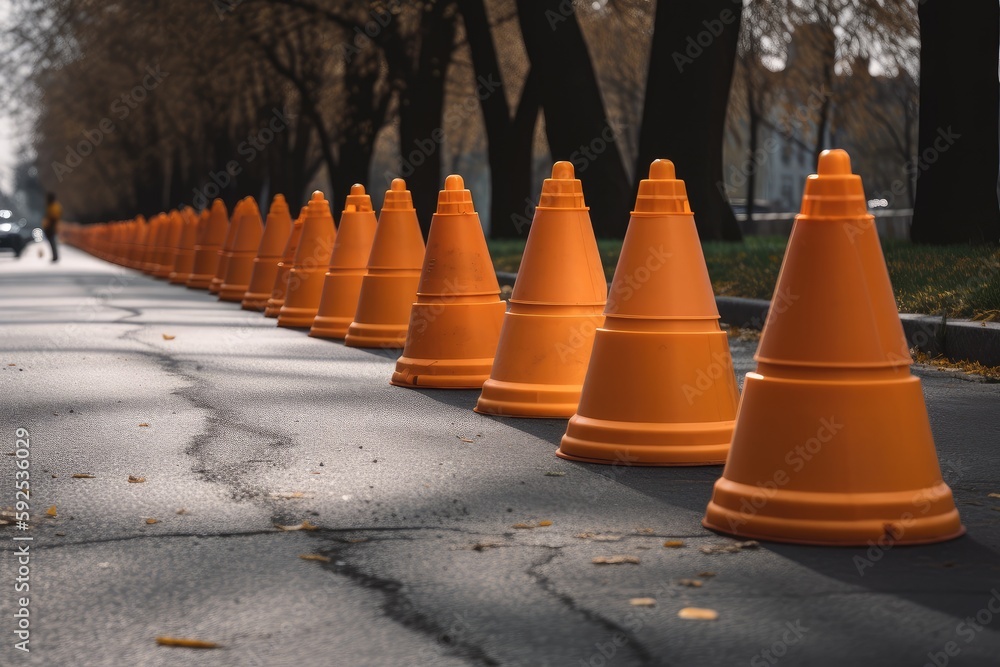 traffic cones in a straight line, creating a safe path for pedestrians ...