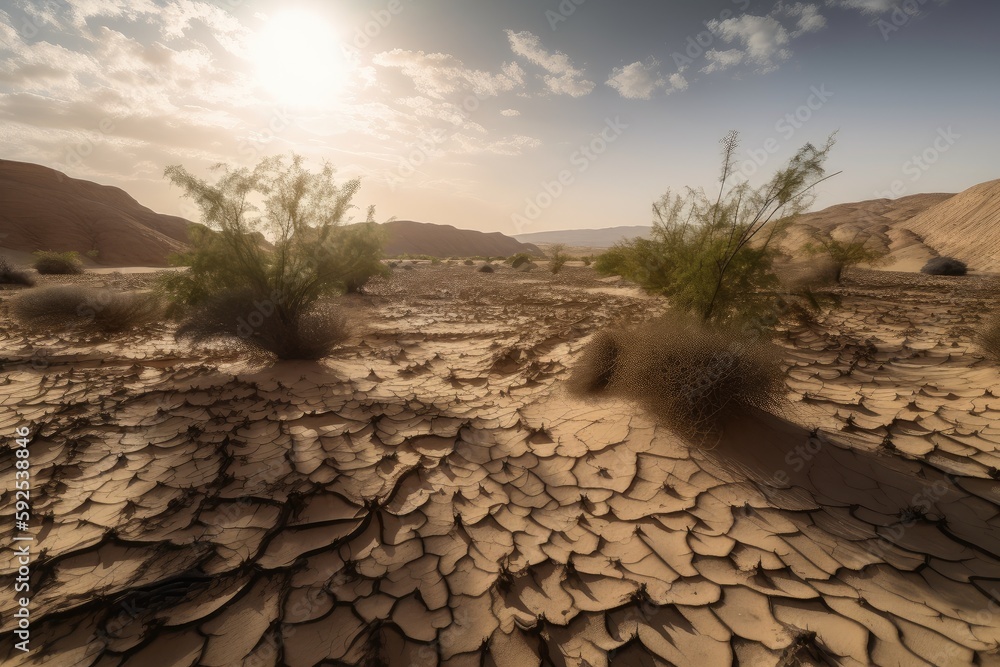 a view of a parched desert, with signs of climate change in the form of ...