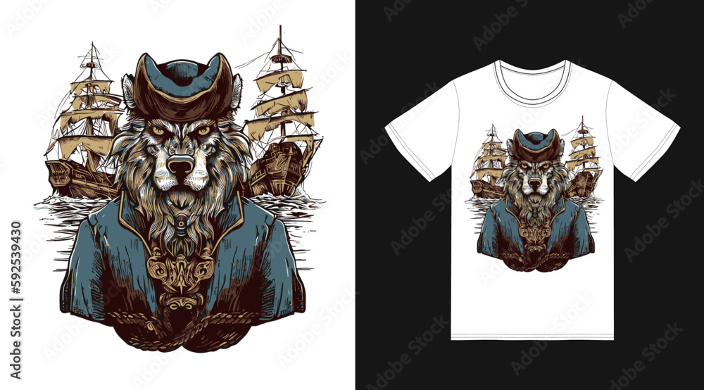 Old sea wolf pirate Marine adventure color t-shirt design, Old sea wolf ...