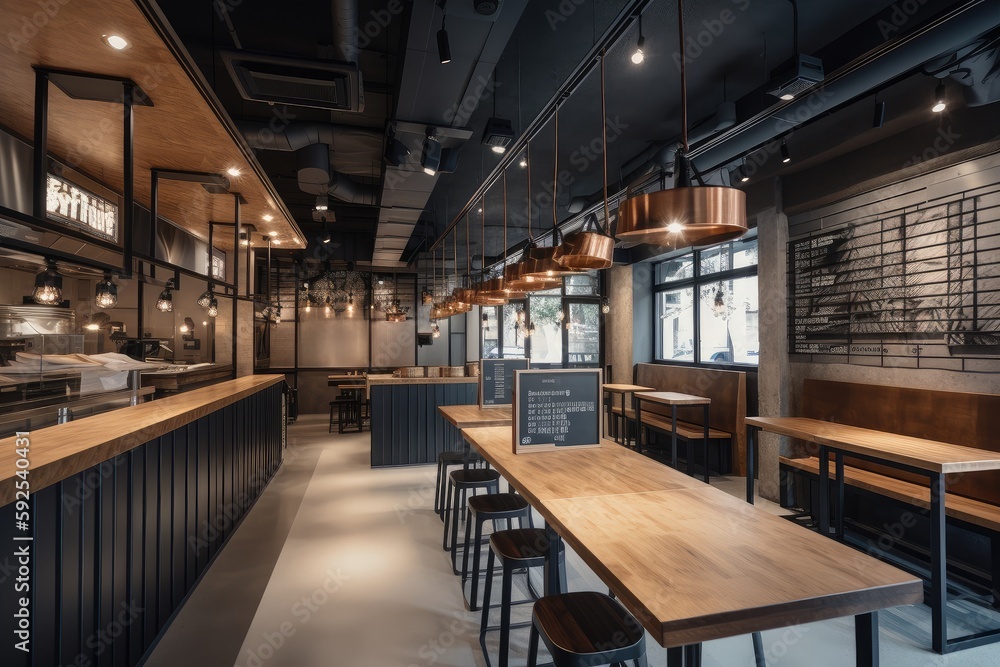 fast-food restaurant with industrial feel, including exposed pipes and ...