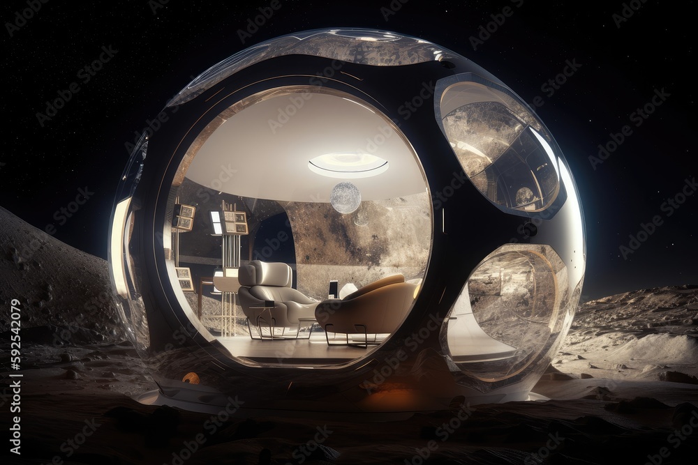 futuristic space habitat with transparent walls, showing off the view ...