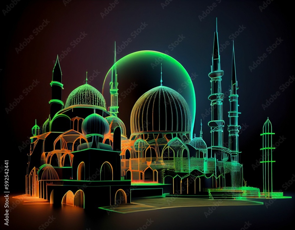 Masjid with 3d rendering virtual reality blue green lime. Mosque ...
