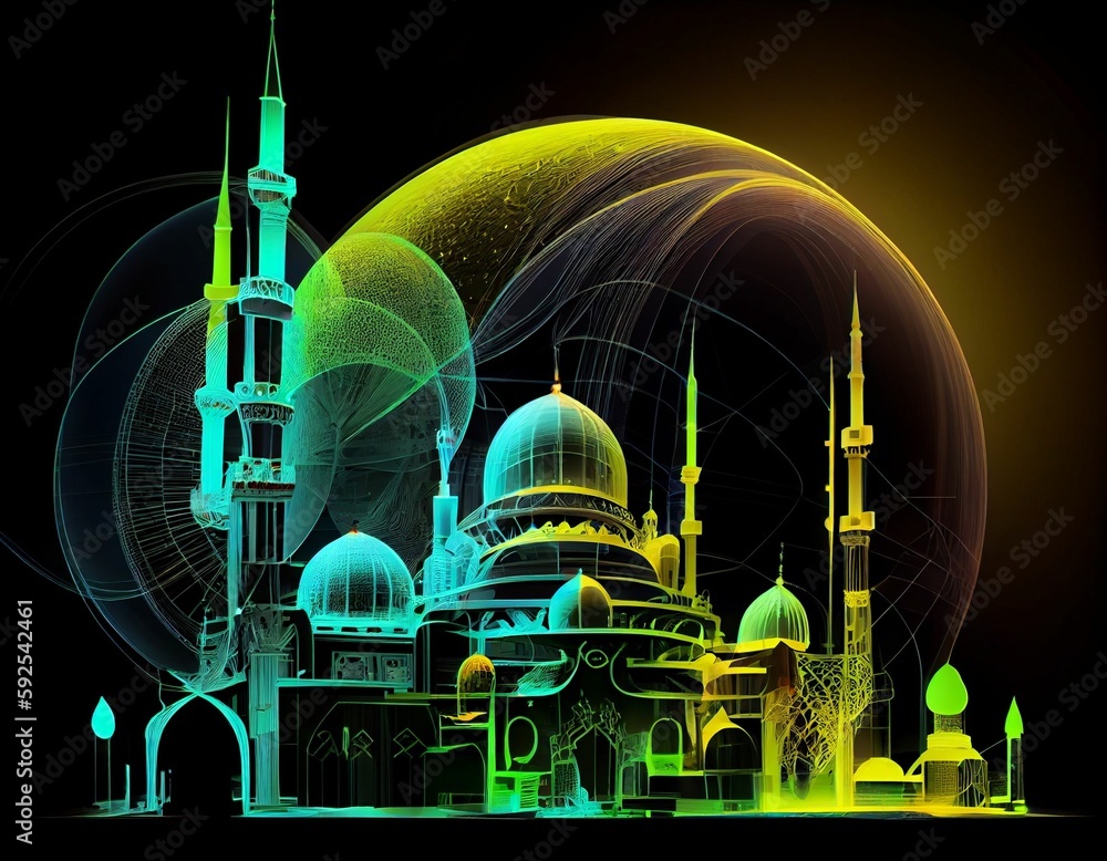 Masjid with 3d rendering virtual reality blue green lime. Mosque ...