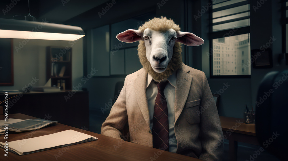 portrait of a sheep in a suit and tie, in light modern office space ...