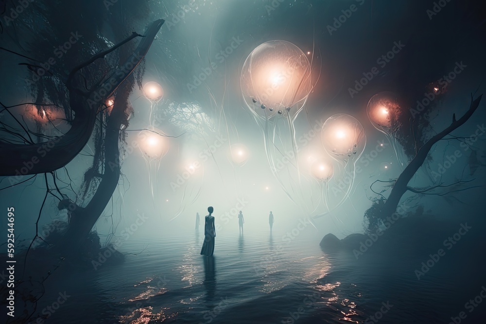 ภาพประกอบสต็อก dreamlike scene with floating figures and misty ...