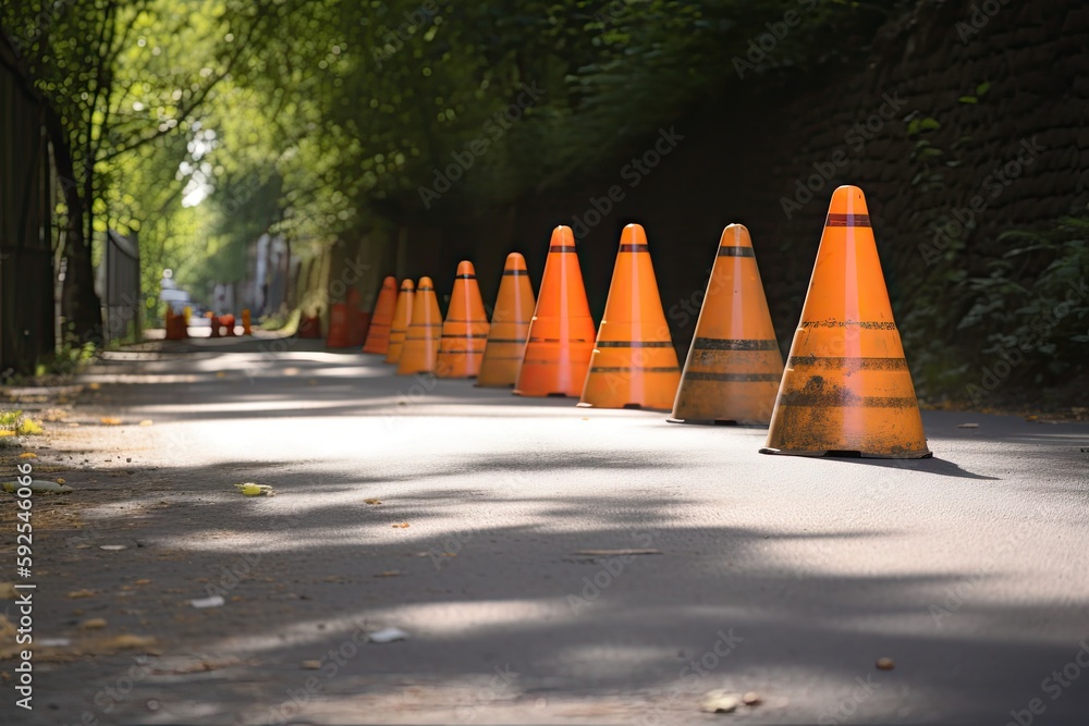 traffic cones in a line, marking off a lane for construction, created ...
