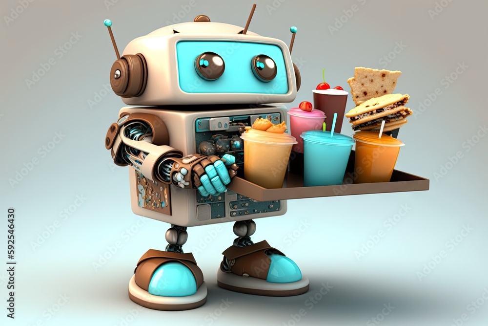 cute robot assistant, carrying tray of drinks and snacks, to help out ...